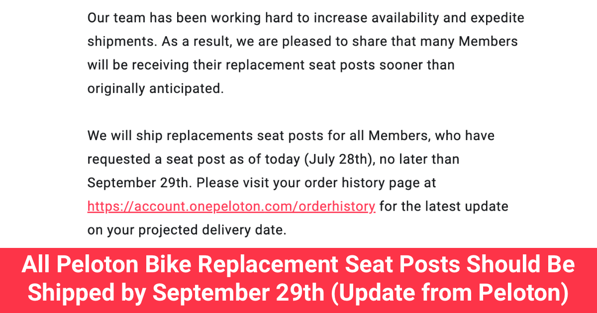 All Peloton Bike Replacement Seat Posts Should Be Shipped by September ...